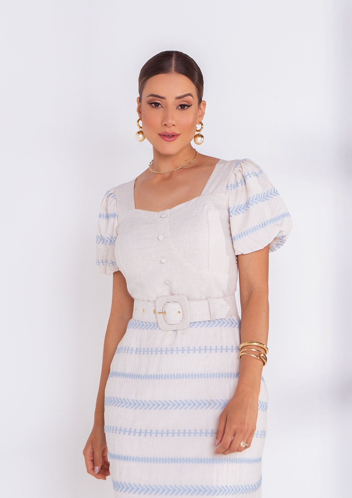 Vestido Cariló Com Cinto e Manga Bufante Cor Azul - Nítido Class